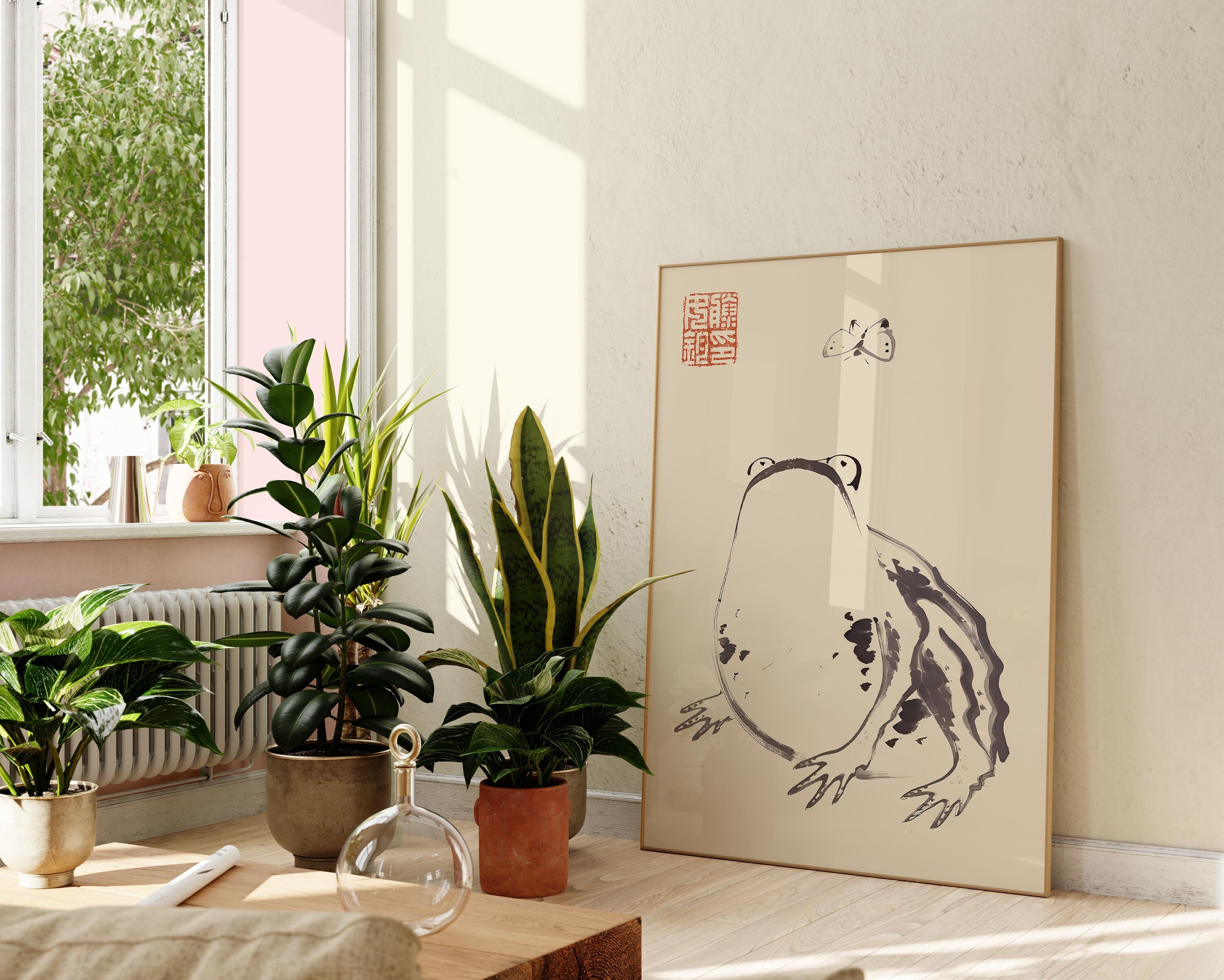 Frog & Butterfly Sumi-e Wall Art, Traditional Japanese Line Art Print ...