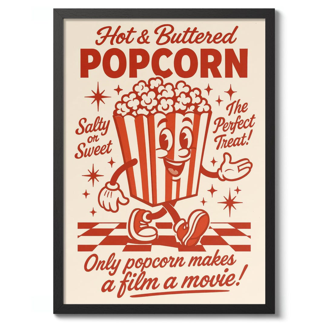 Hot & Buttered Popcorn Print, Vintage Typographic Poster, Cinema Wall ...
