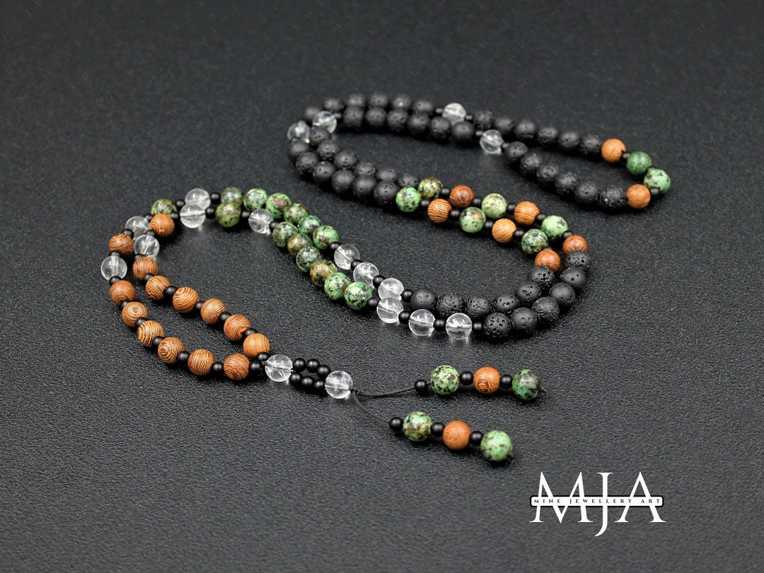 108 Mala African Turquoise Clear Quartz Tigers Eye Lava Onyx Wood Bead ...