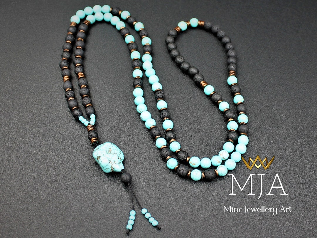 Raw Turquoise 108 Mala Necklace: Lava Stone Beaded Tassel - Etsy
