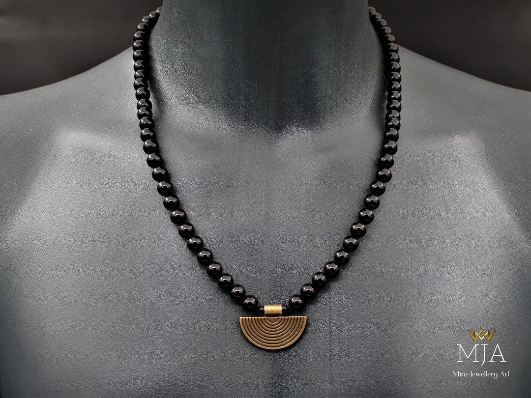 Surya Namaskar Black Onyx Beaded Necklace Sun Brass Pendant Necklace ...