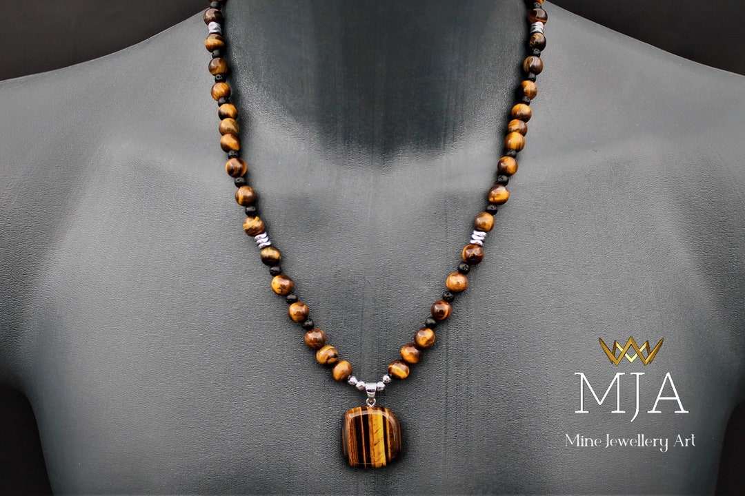 Tiger Eye Pendant Necklace: Lava Stone Diffuser, Hematite Jewelry - Etsy