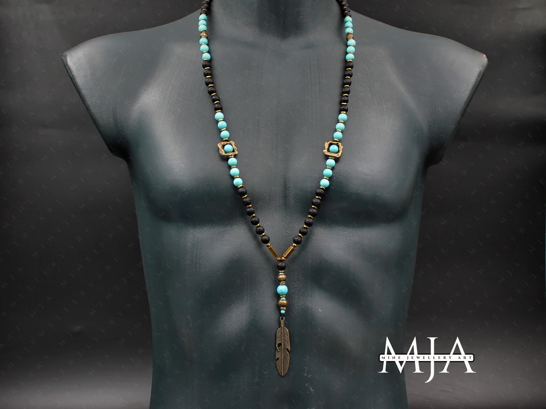 Turquoise 108 Mala Necklace: Lava & Feather Tassel, Japa Mala - Etsy