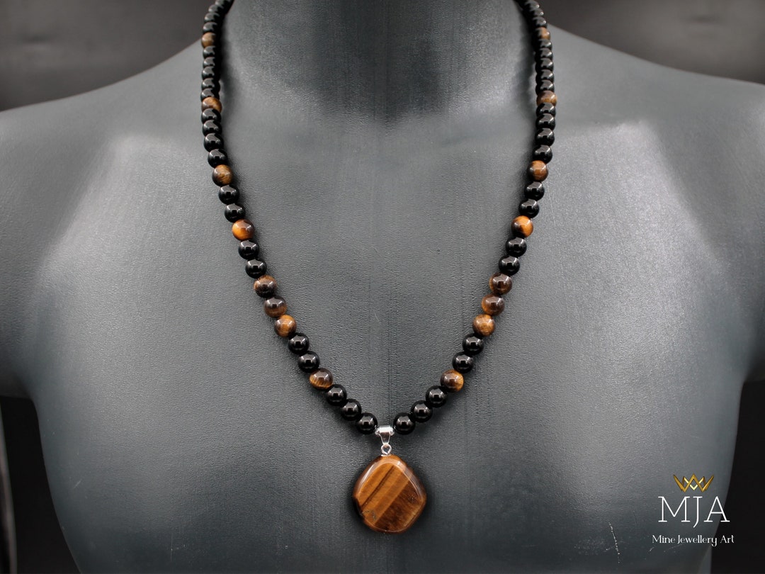 Raw Tiger's Eye Pendant Necklace: Black Onyx Protection Stone - Etsy