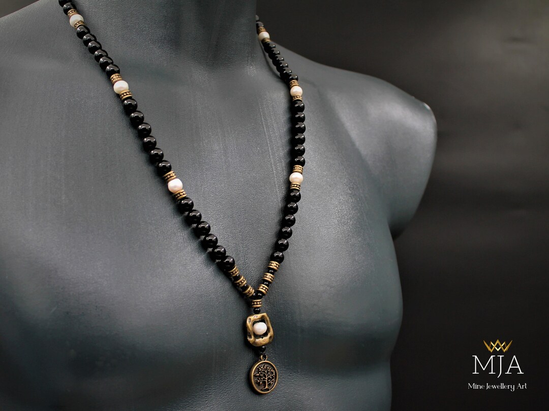Tree of Life Pearl Necklace Onyx & White Pearl Beaded Tassel Necklace ...