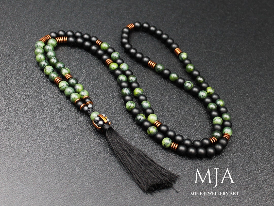 Jade 108 Mala Bead Necklace Tassel Necklace, Copper Hematite Japa Mala ...
