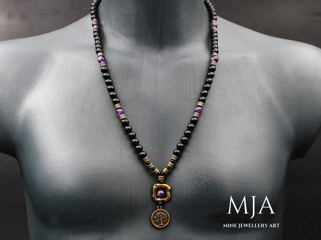 Amethyst & Onyx Tree of Life Necklace: Long Tassel Meditation Jewelry ...