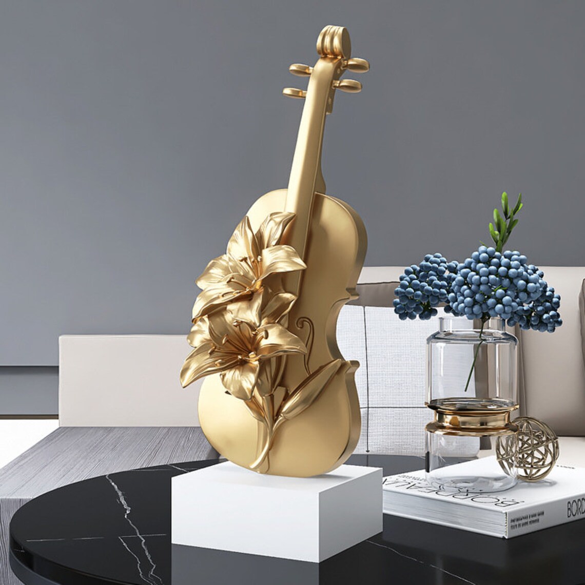 Violin With Flowers Sculpture Home Decor Modern Home Decor Sculpture ...