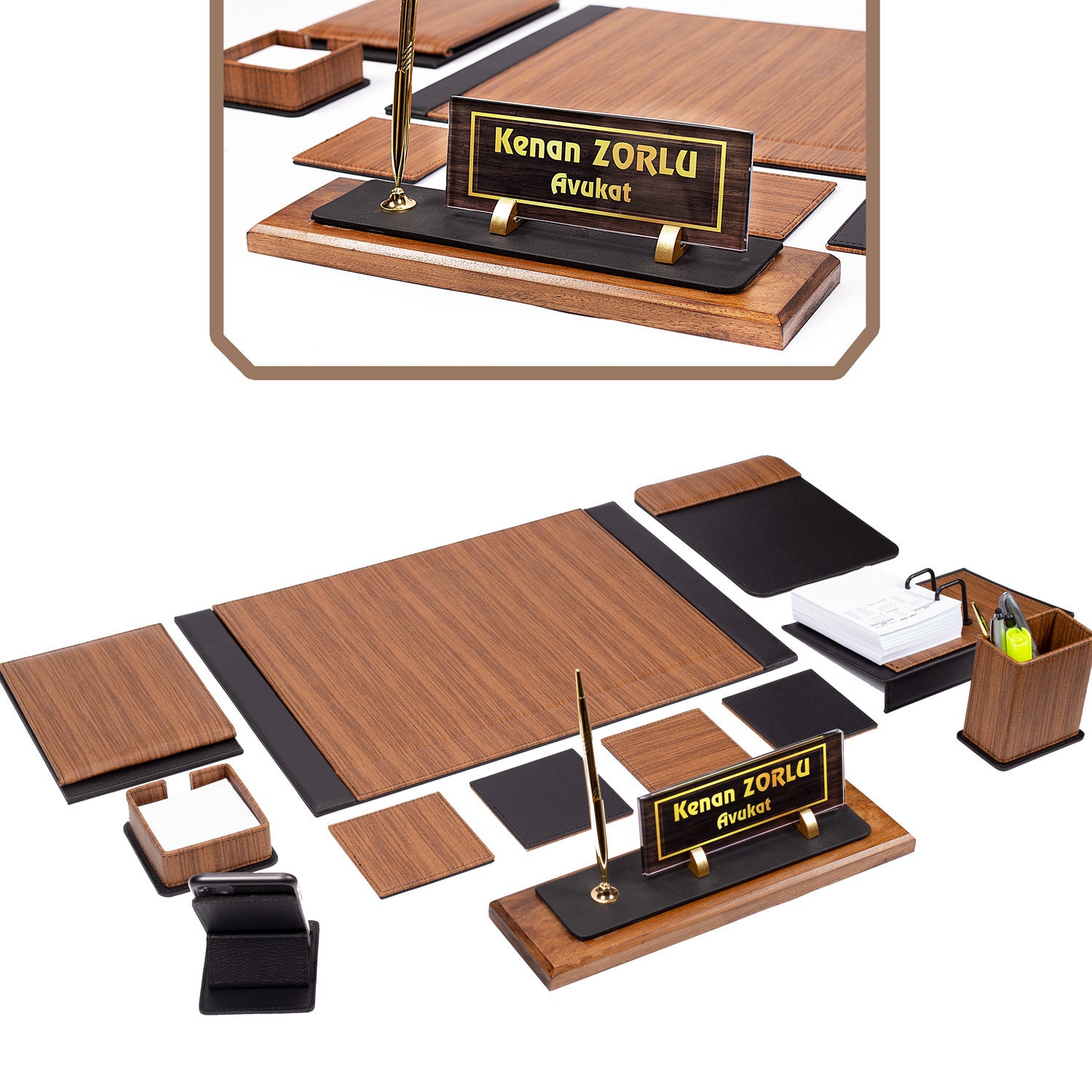 Office Desk Set Leather Desk Set Wooden Pattern Desk Set - Etsy