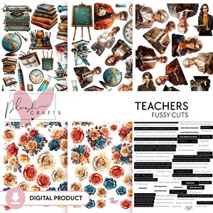 Teachers || 6 Digital Fussy Cut Sheets, School Embellishments, Floral ...