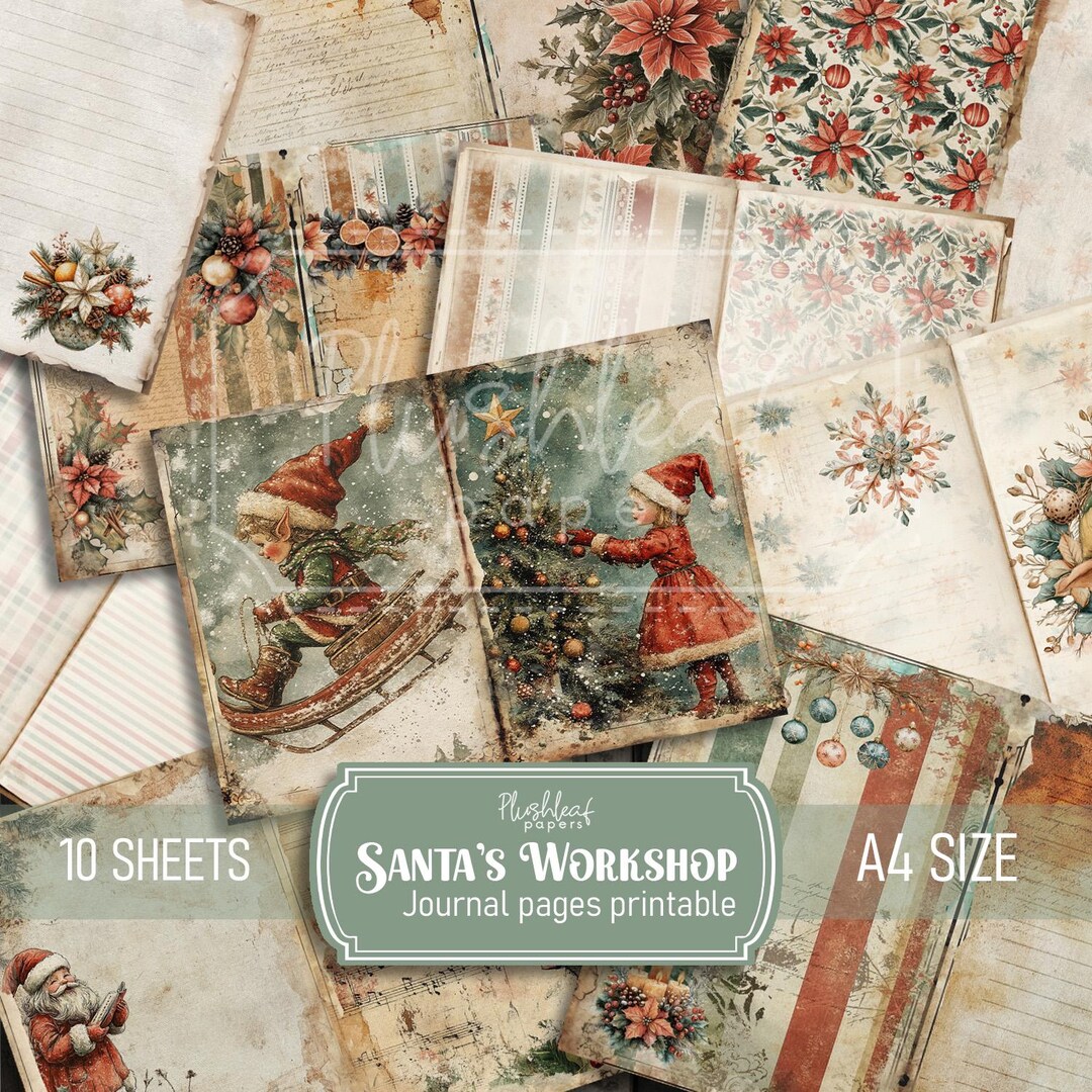 Santa's Workshop Journal Pages Digital Paper Pack, Paper Collection ...
