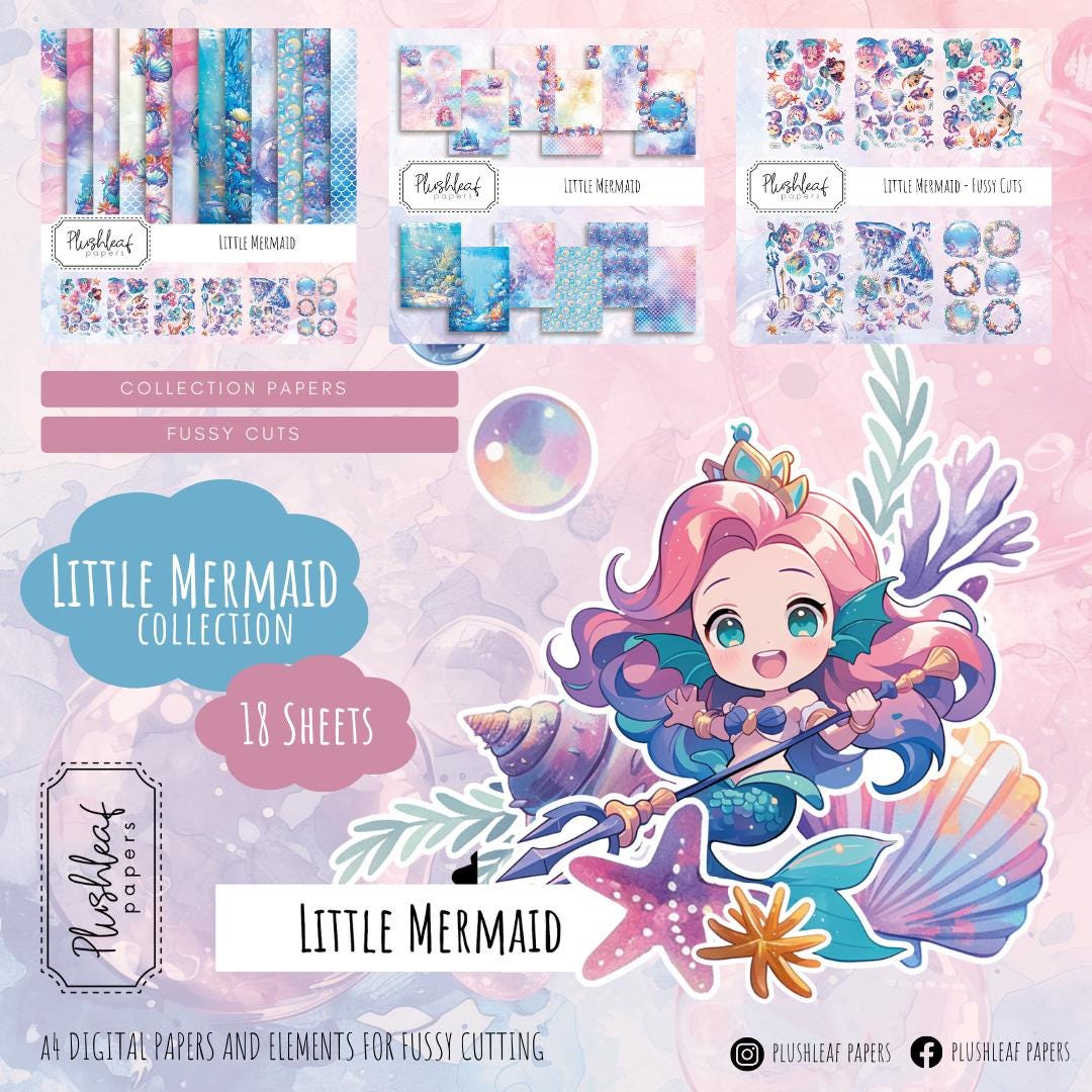 Little Mermaid BUNDLE 18 SHEETS Scrapbooking Digital Paper Pack, Paper ...