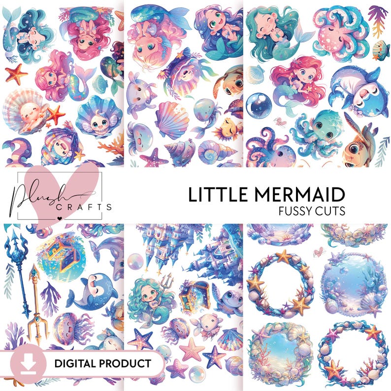 Little Mermaid || 6 Digital Scrapbooking Fussy Cuts Pack, Pink and Blue ...