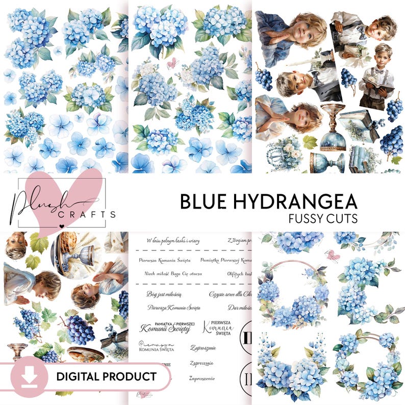 Blue Hydrangea || 18 Printable Sheets Scrapbooking Bundle, 12 Papers ...
