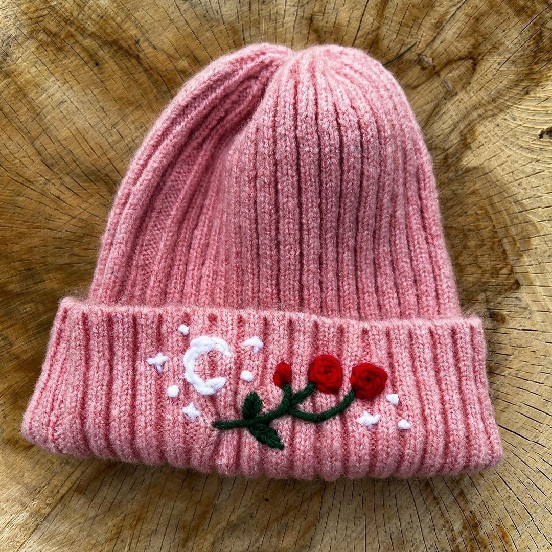 Rose Red Hand Embroidered Beanie in Baby Pink Flower Rose Valentine ...