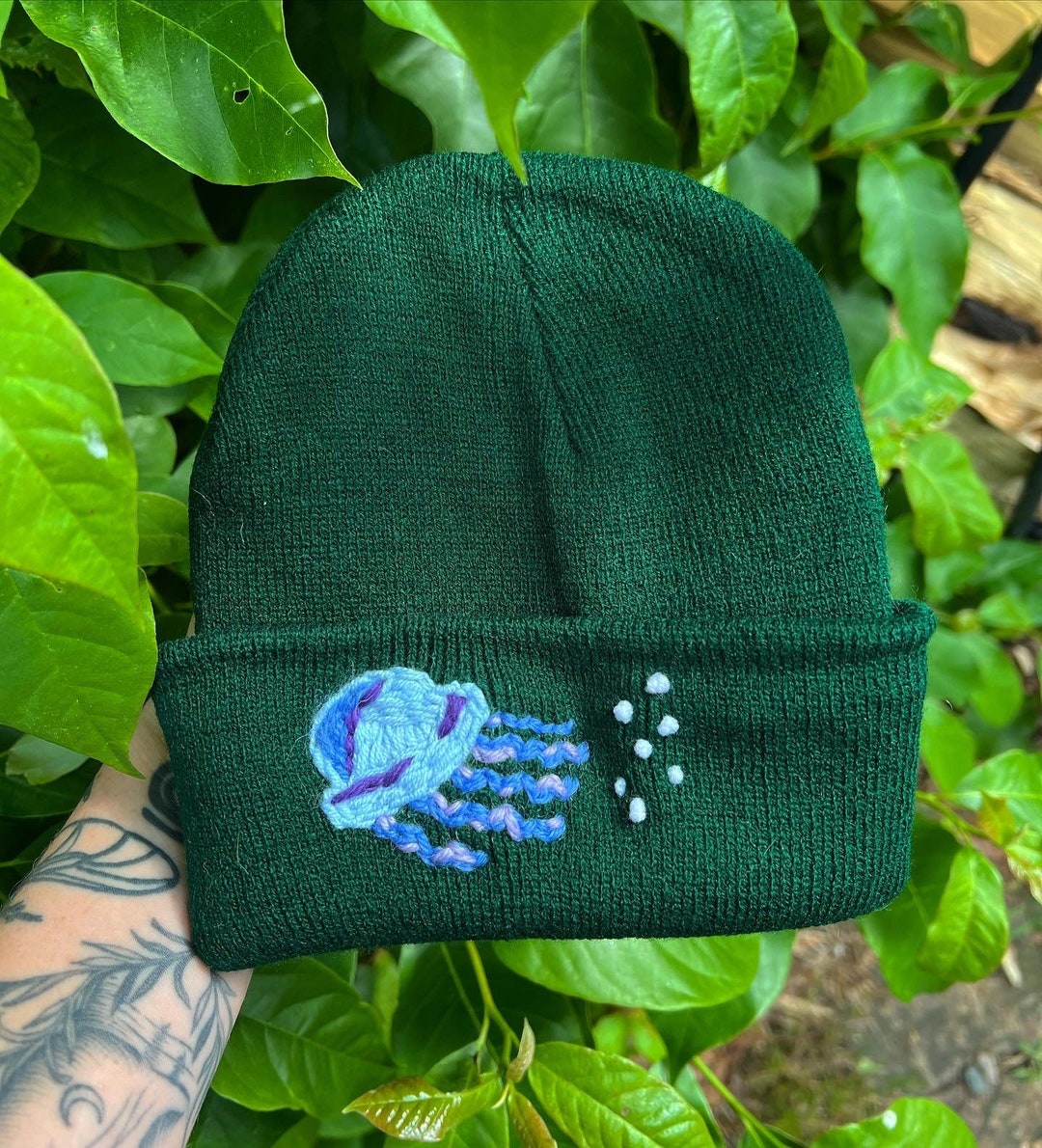 Superfast Jellyfish Hand Embroidered Beanie in Dark Green Jellfyfish ...