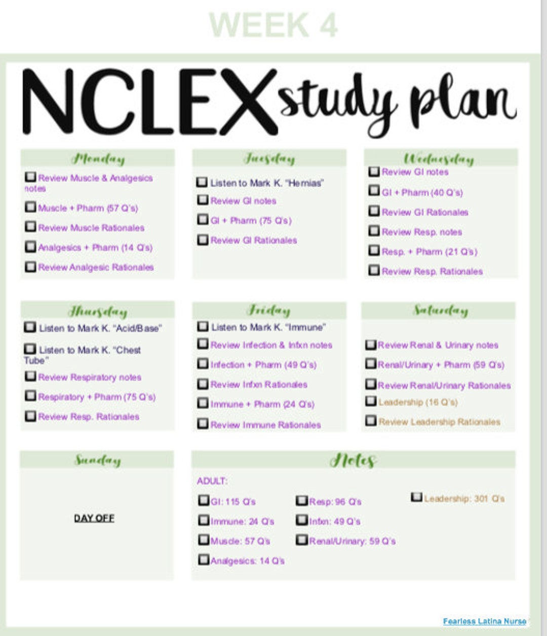 NCLEX Study Plan - GREEN - Etsy