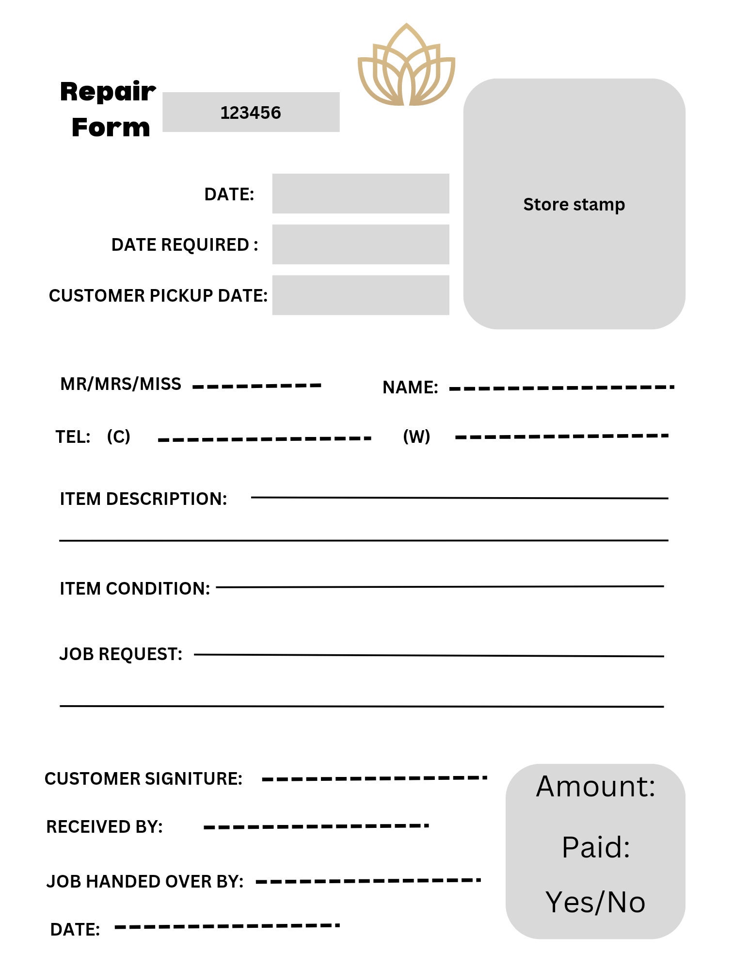 Small Business Repair Form Editable Form instant Download Digital ...