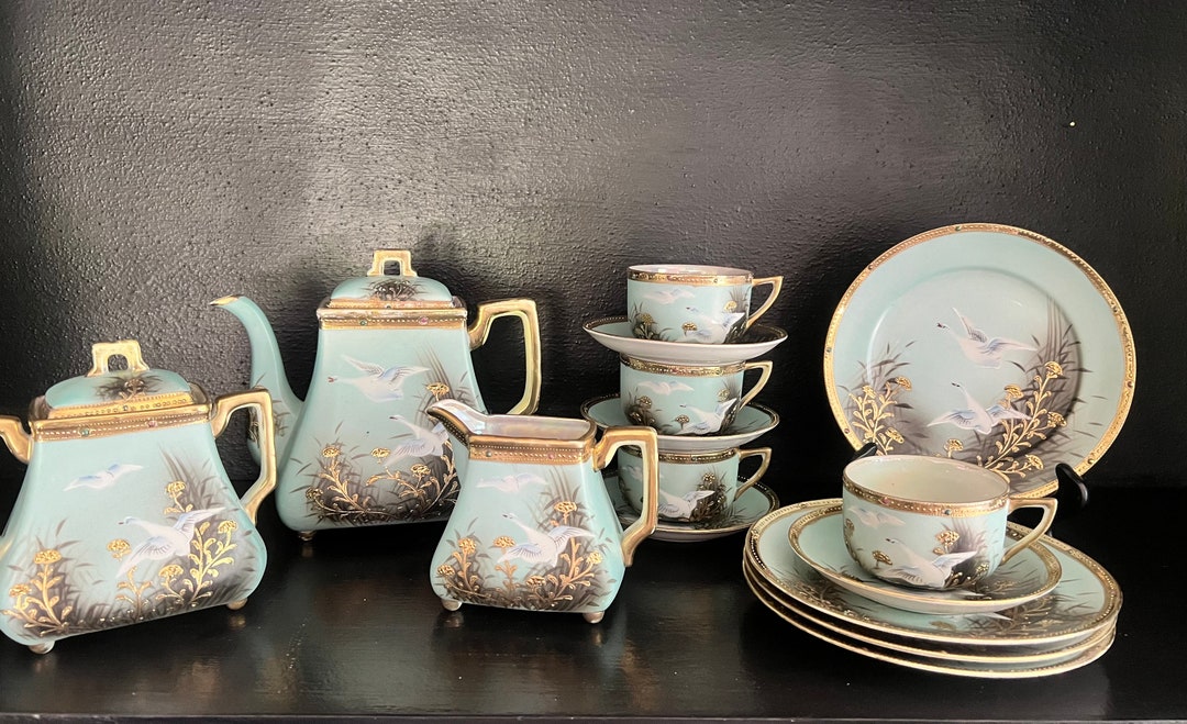 Flying Geese Gold Moriage Tea Set for 4, Enamel Accented, Unique Tea ...