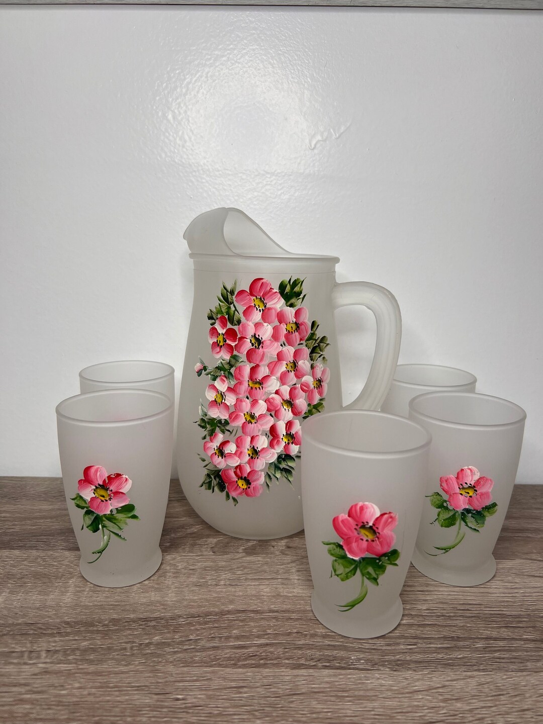 Hand Painted Satin Glass Pitcher Set, Glass Pitcher With 5 Glasses ...