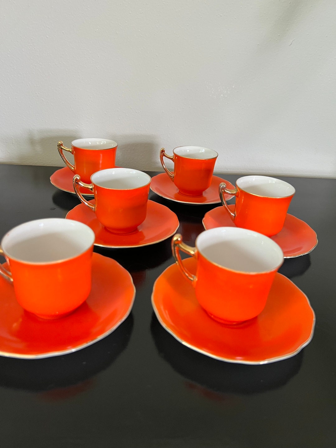 Set of 6 Orange Gold Castle Tea Cup and Saucers, Regal Tea Service ...