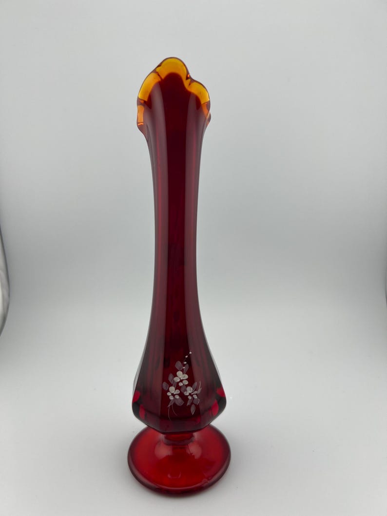 Fenton Ruby Red Bud Vase: Hand-painted Roses, Signed Freda Hubbard, UV ...