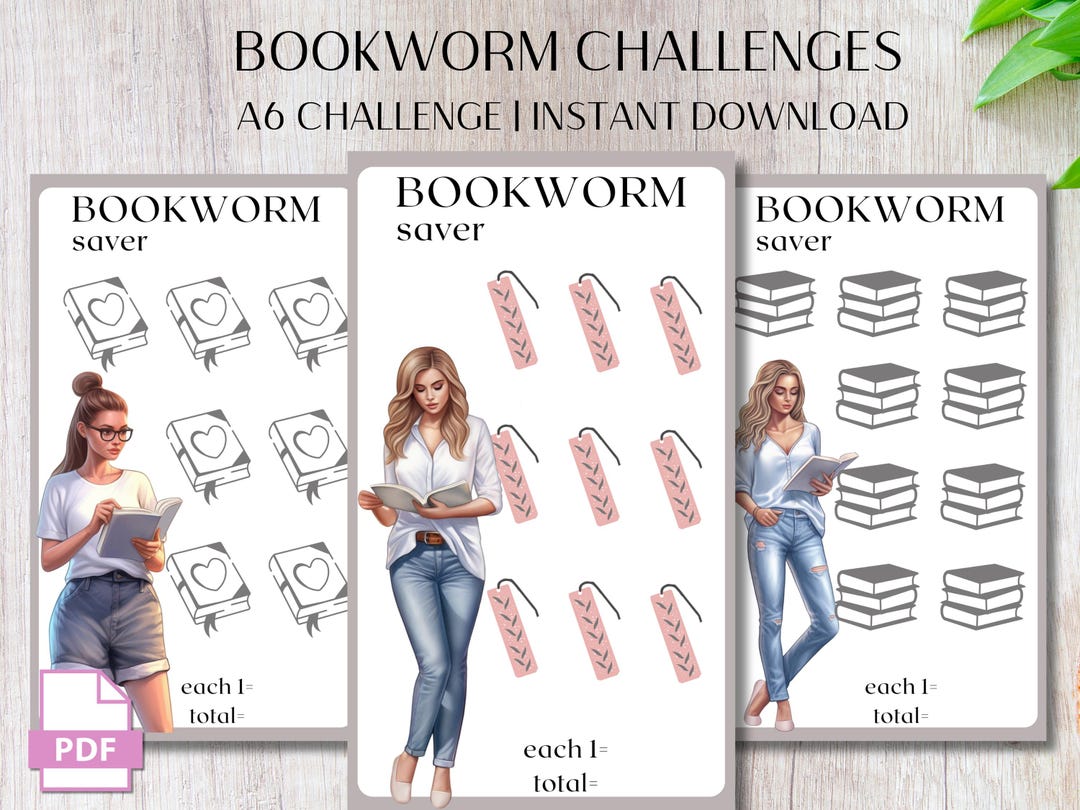 Bookworm Saving Challenge, Reading Book Saver, A6 Cash Stuffing, Grey ...
