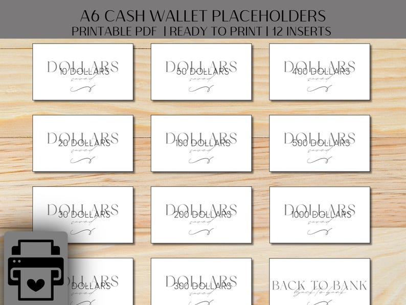 A6 Printable Money Placeholders, Dollar Cash Placeholders for Budget ...