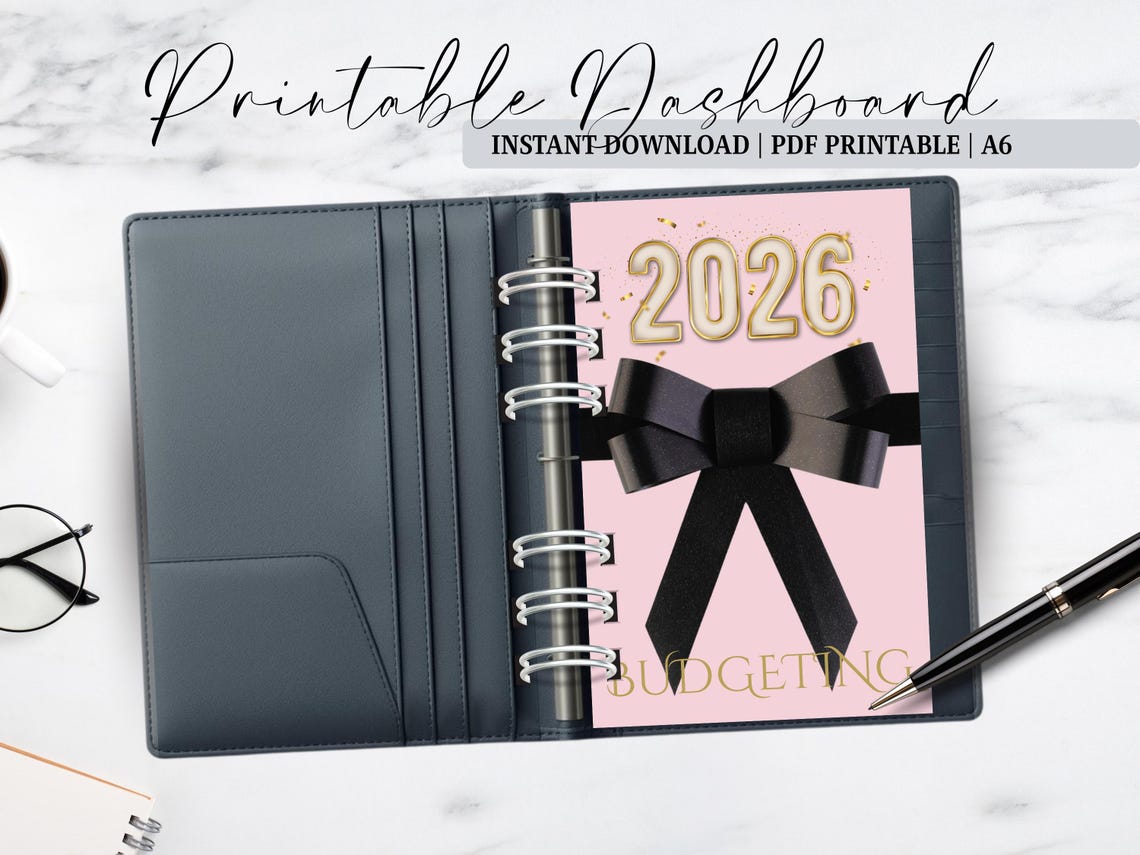 Black & Pink Bow Dashboard Insert for Binders. 2026 A6 Binder ...