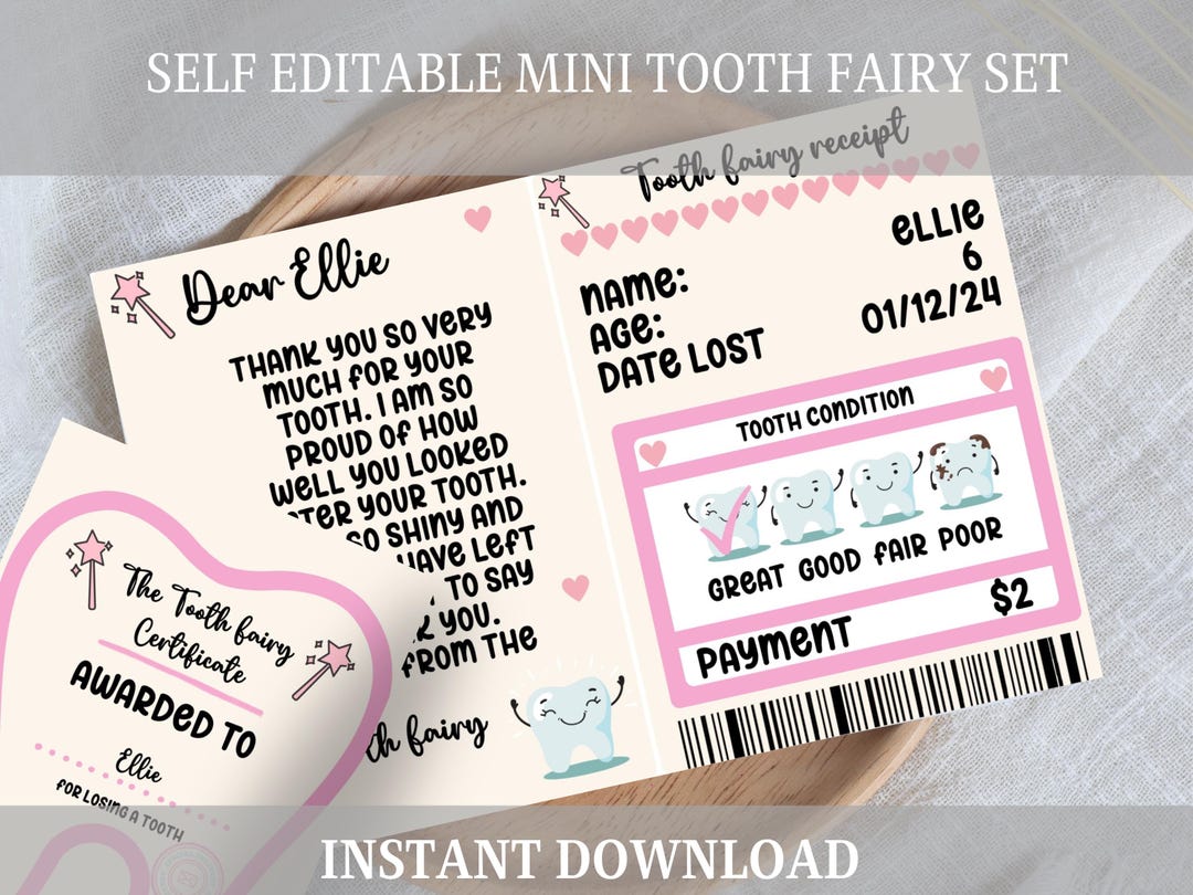 Editable Mini Tooth Fairy Receipt and Letter Set, Fairy Note Digital ...