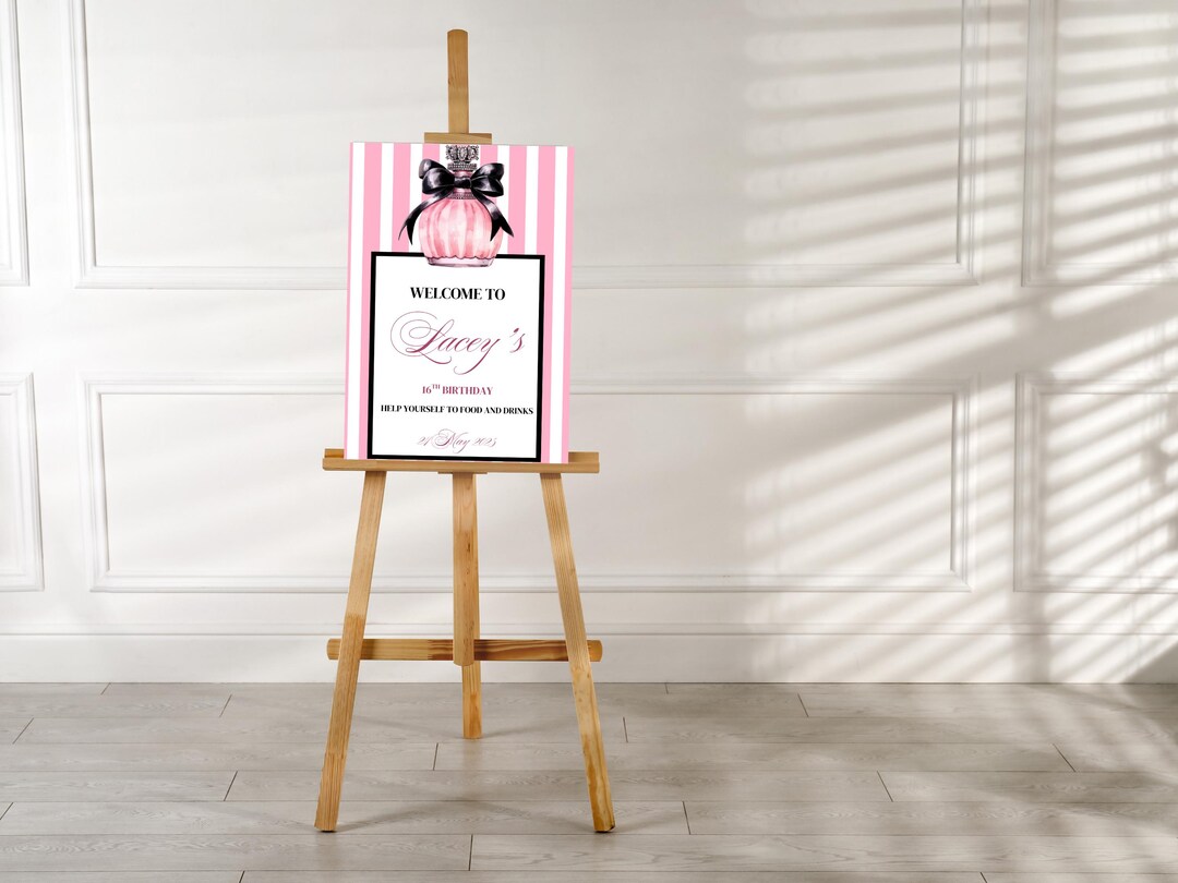 Pink and Black Coquette Sign, Pink Stripes Birthday Welcome Sign ...