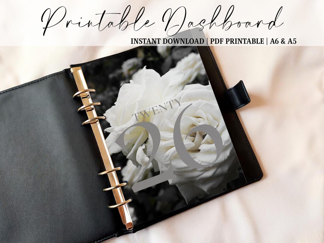 2026 Black & White Dashboard Insert for Binders. A6 A5 Binder ...