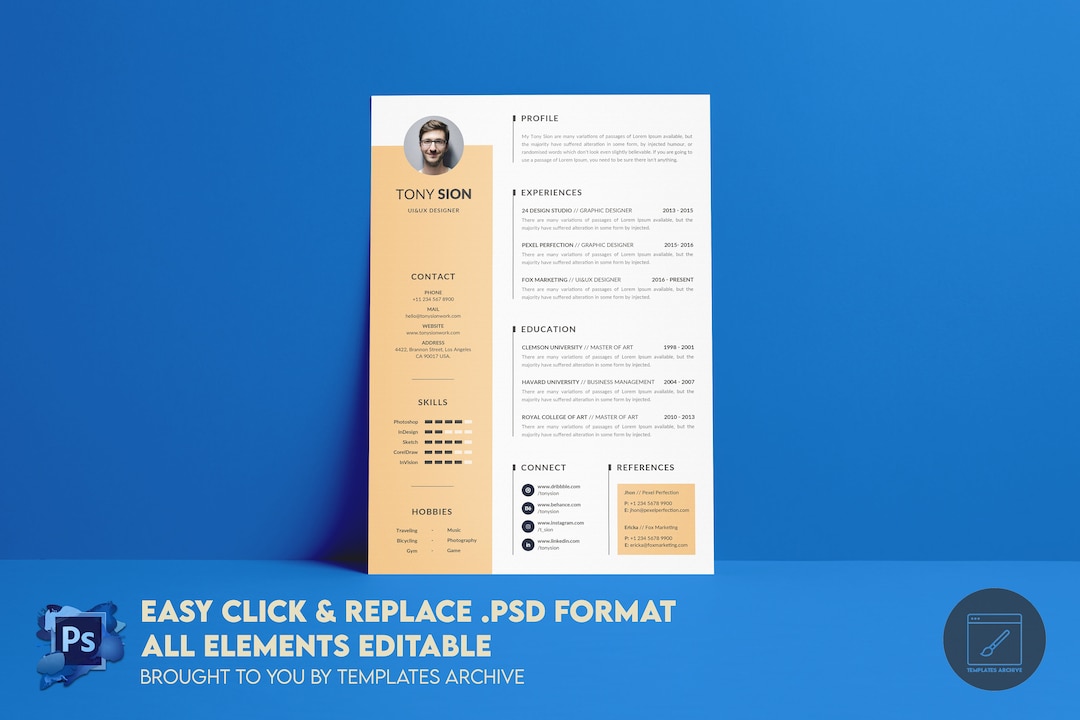 TONY, Professional Modern Resume Template for Pages, Photoshop, Clean ...