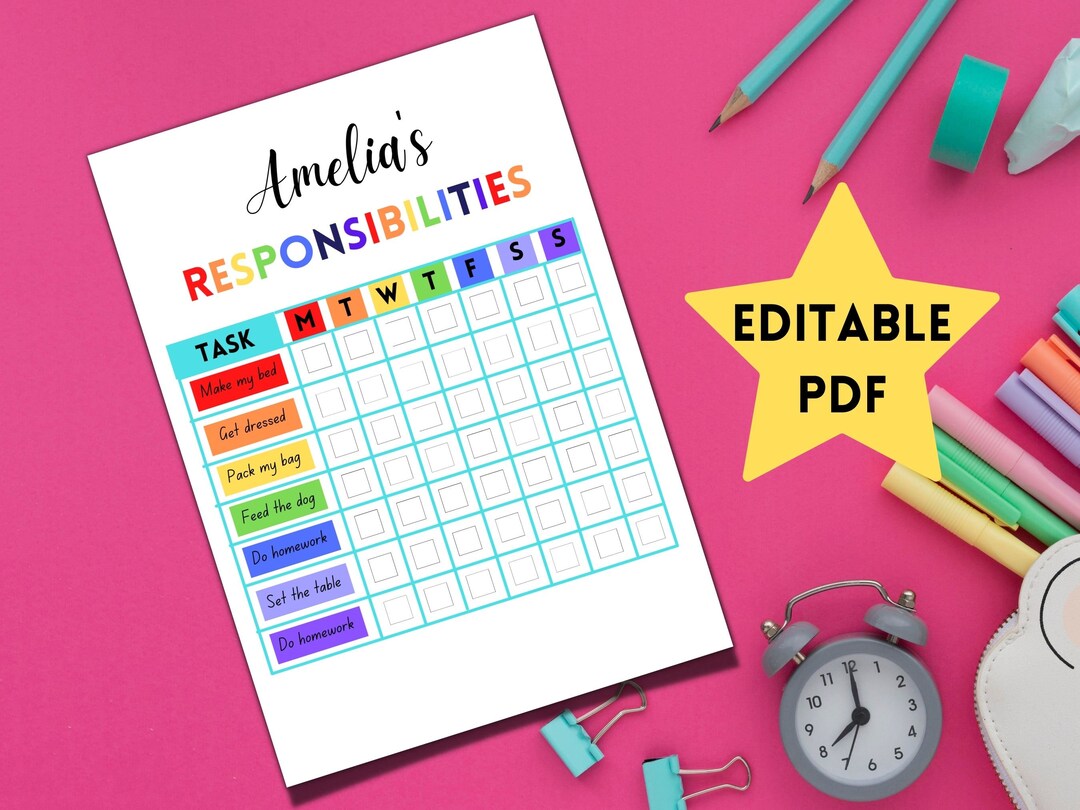 Responsibility Chore Chart for Kids Fully Editable Daily Weekly Routine ...