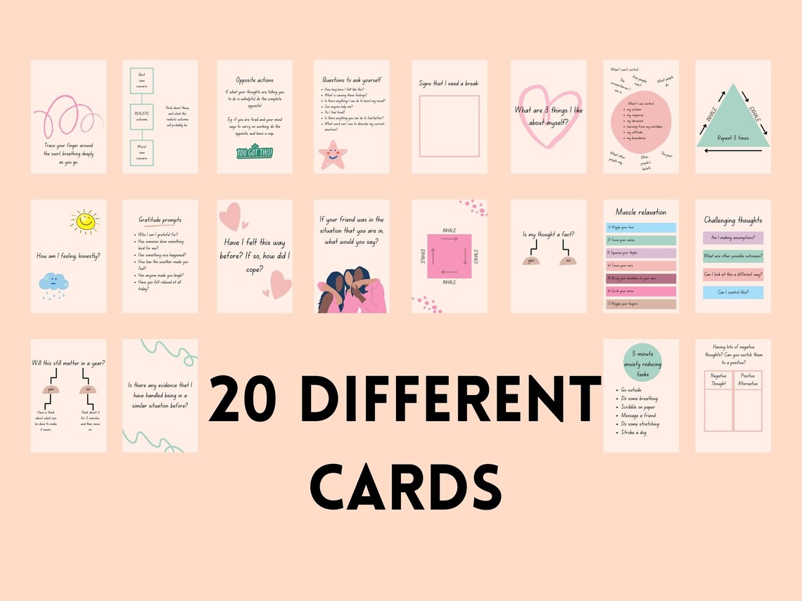 20 Anxiety Coping Skills Cards, Coping Cards Mindfulness, CBT Therapy ...