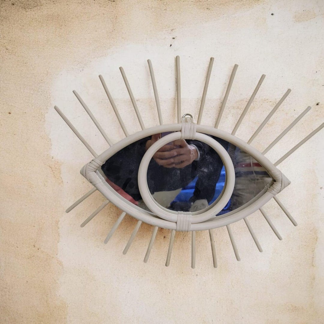 Moroccan Eye Mirror: Handmade Raffia & Wood Boho Wall Decor (21x42cm ...