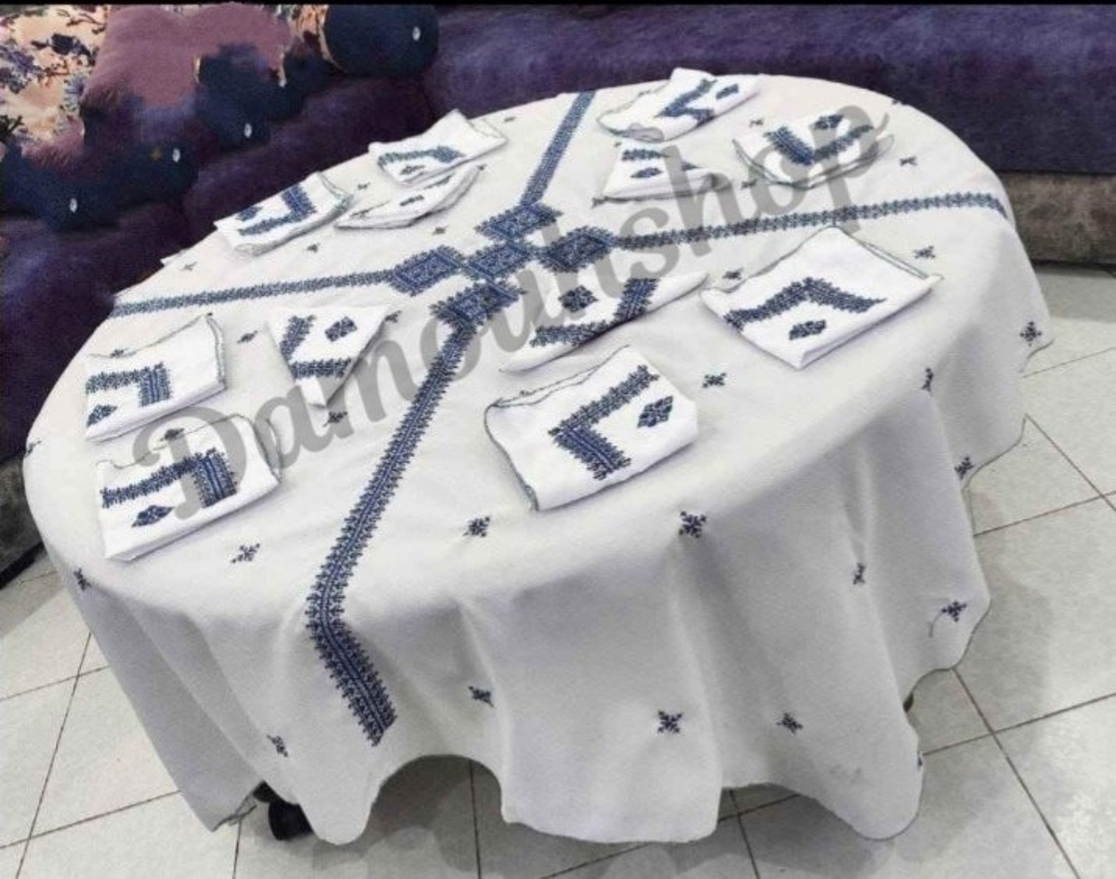 Handmade Moroccan Embroidered Tablecloth Set: Cotton Table Linens - Etsy