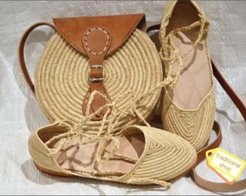 Handmade Raffia Sandals: Moroccan Berber Mules With Cotton Bag - Etsy