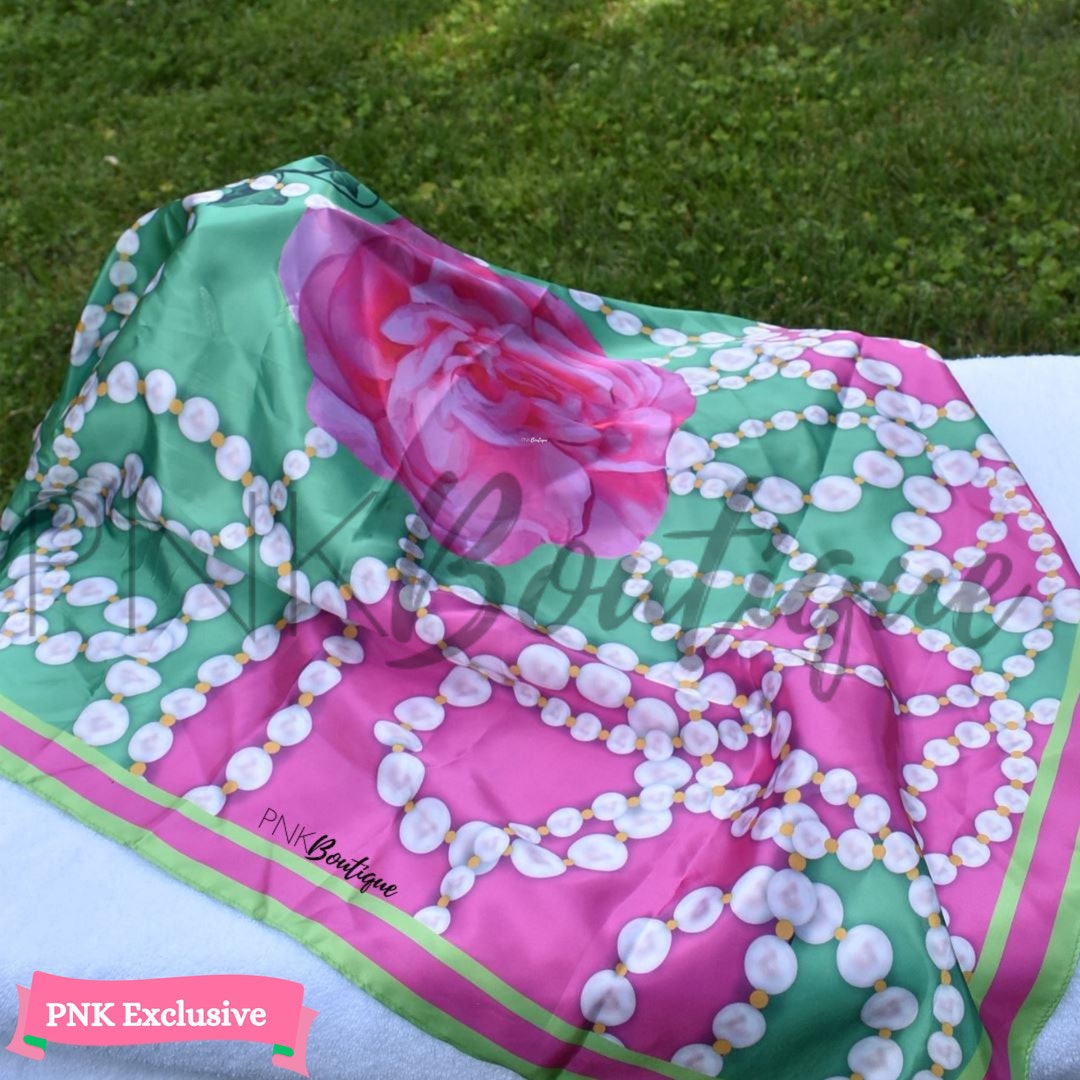 Pink and Green Floral Scarf, Floral Satin Scarf, Neckerchief, Bag Scarf ...