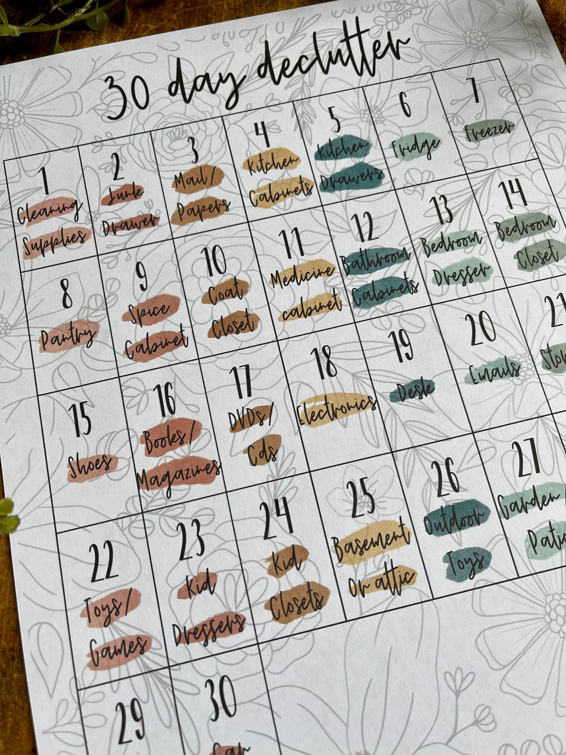 Declutter Cleaning Checklist Calendar 30 Day Challenge Printable ...