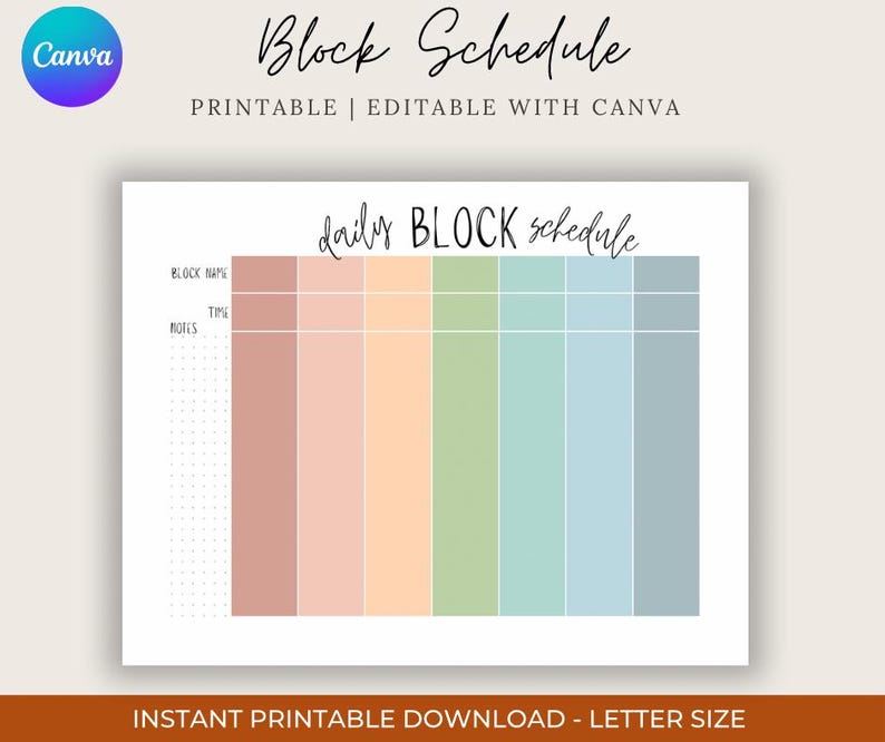 Daily Block Schedule | Printable Editable Template | Canva Planner Page ...