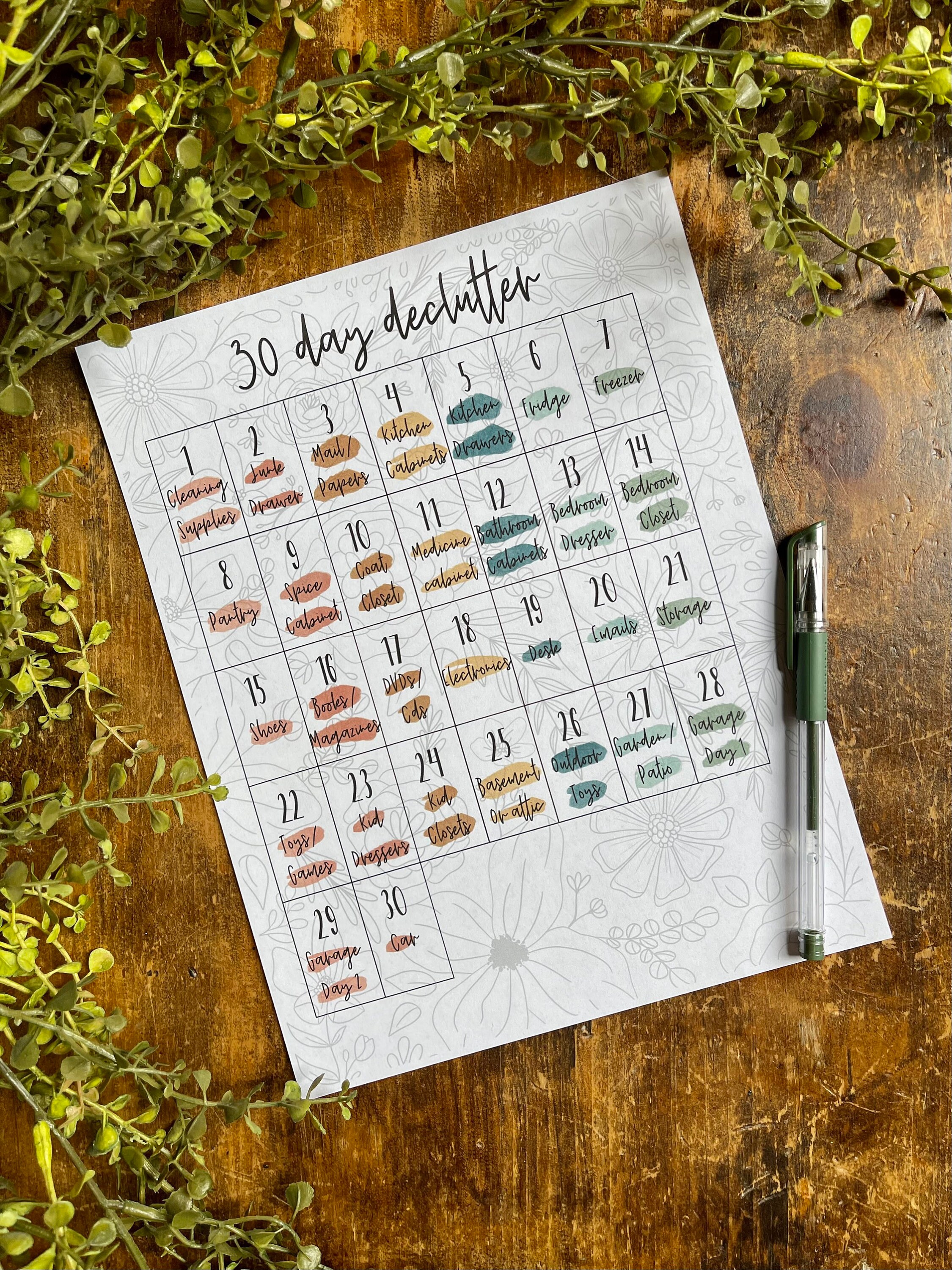 Declutter Cleaning Checklist Calendar 30 Day Challenge Printable ...