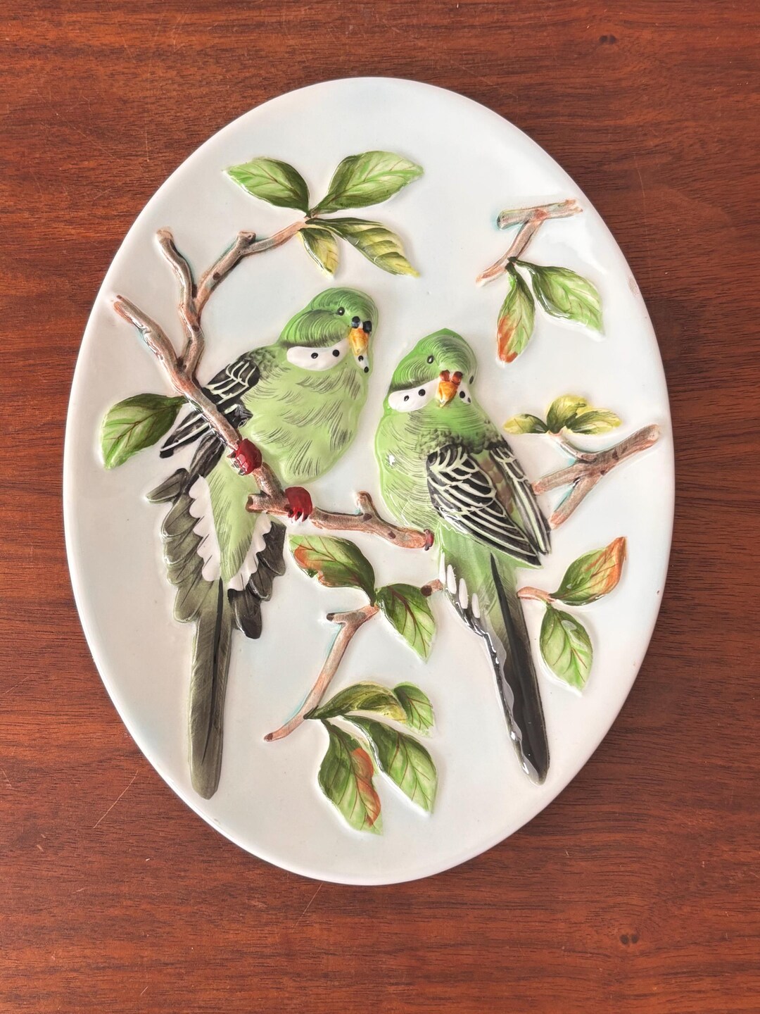 Vintage Japan Lime Green Ceramic Parakeet Birds on Log Wall Plaque Made ...