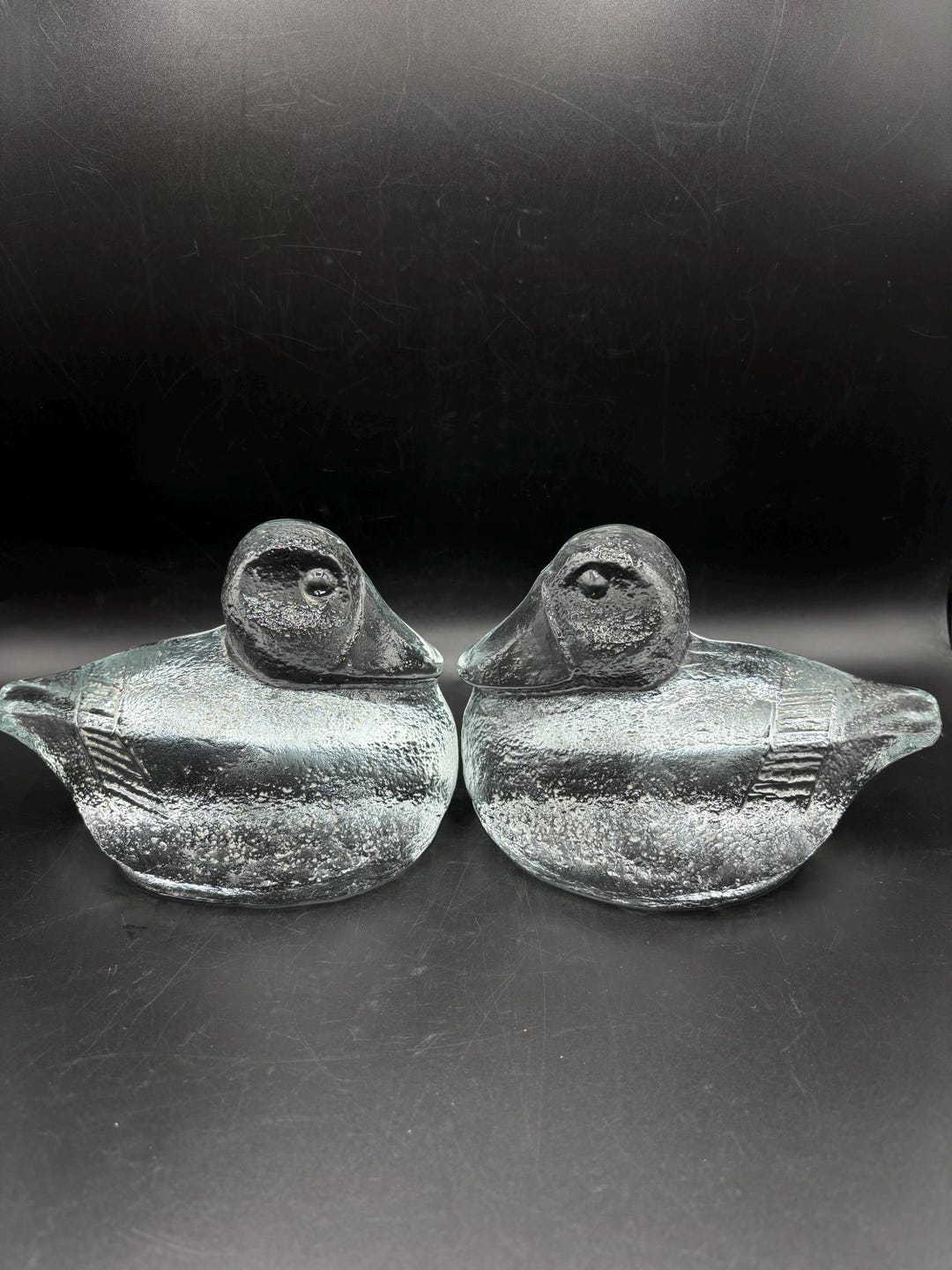 Vintage MCM Clear Textured Glass Duck Bookends, Blenko Bookends, Bird ...