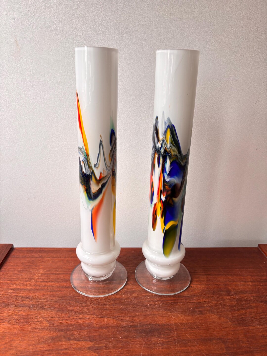 Vintage MCM Dalian Art Glass Vase White Footed Pillar Vases With With ...