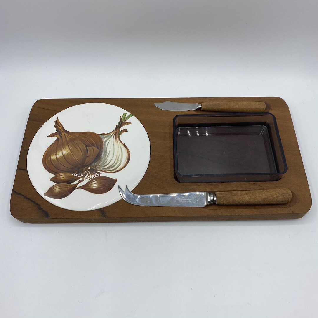 Vintage MCM Teak Wood Cheese Board With Cheese Knife, Ceramic Onion ...