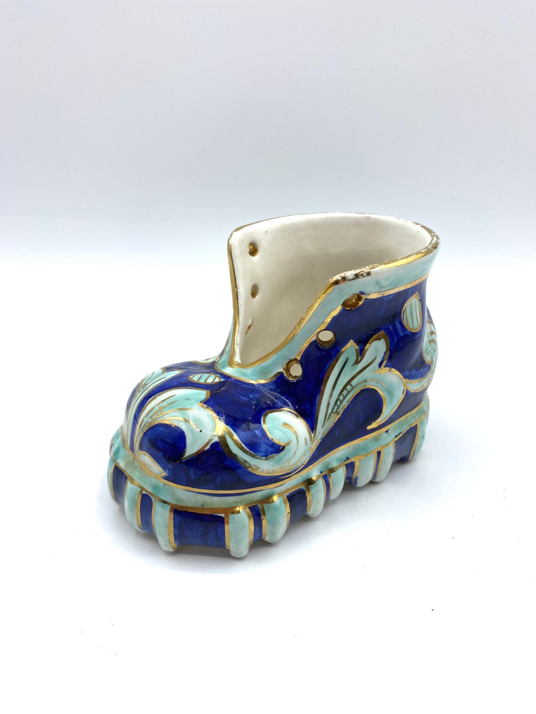 Vintage Mid Century Blue and Gold Italian Ceramic Boot Shoe Succulent ...