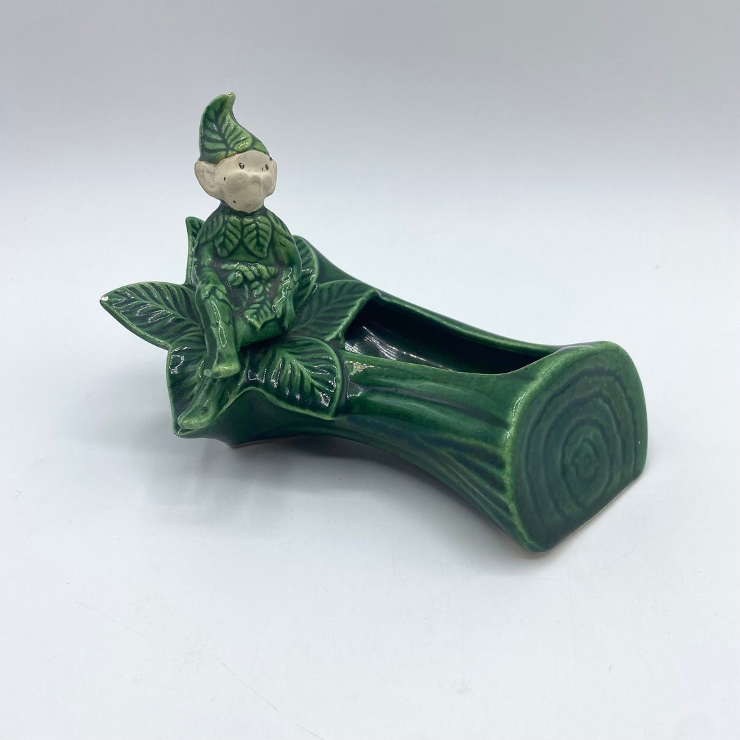 Vintage Treasure Craft Pottery Green Pixie Elf Sitting on a Log Planter ...