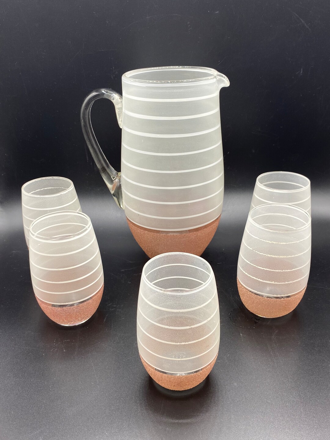 Vintage 1950’s MCM Salt Glaze Pink Stripe Pitcher Set, Vintage Ice Tea ...
