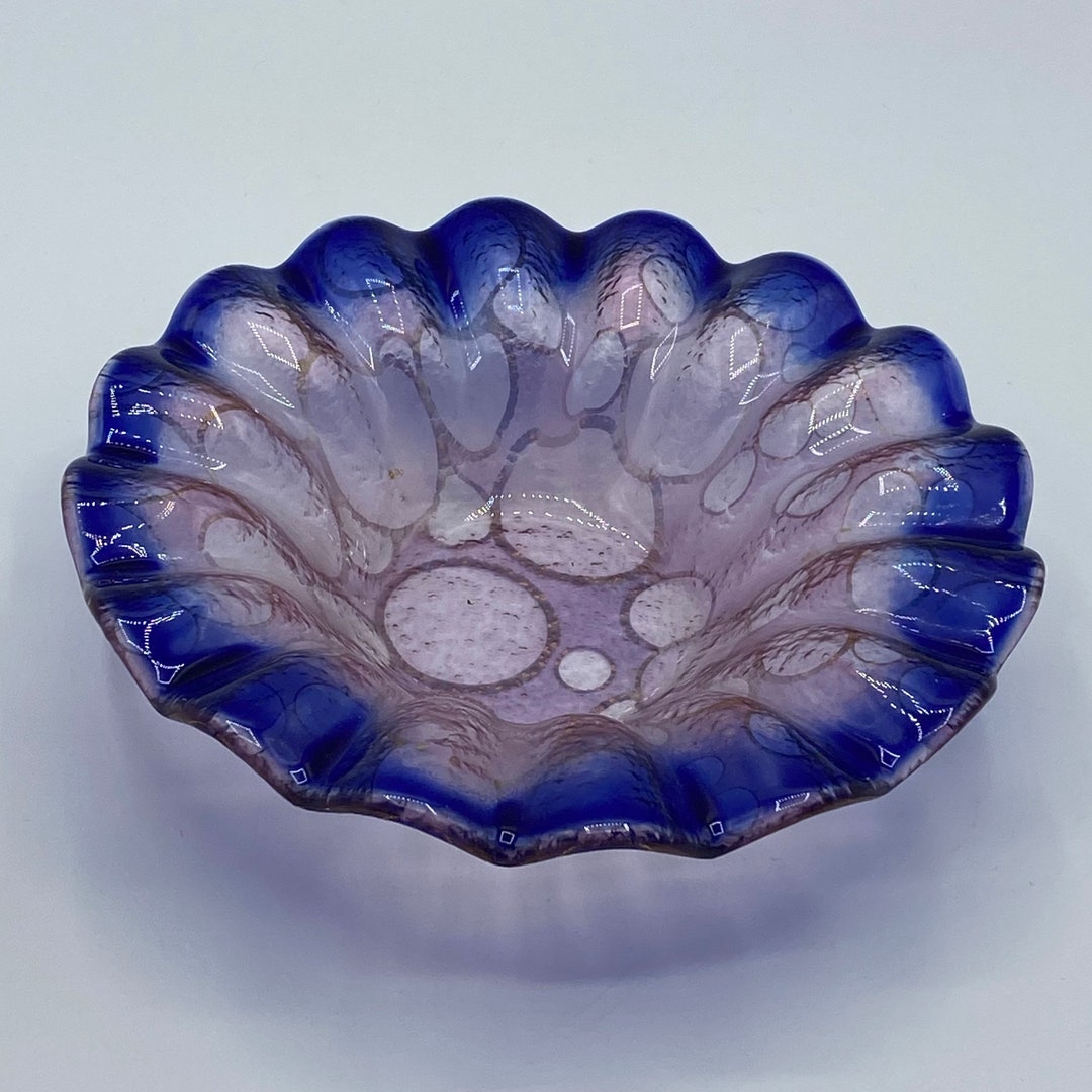 Art Glass Ruffled Dish: Blue Purple Reverse Painted Gold - Etsy